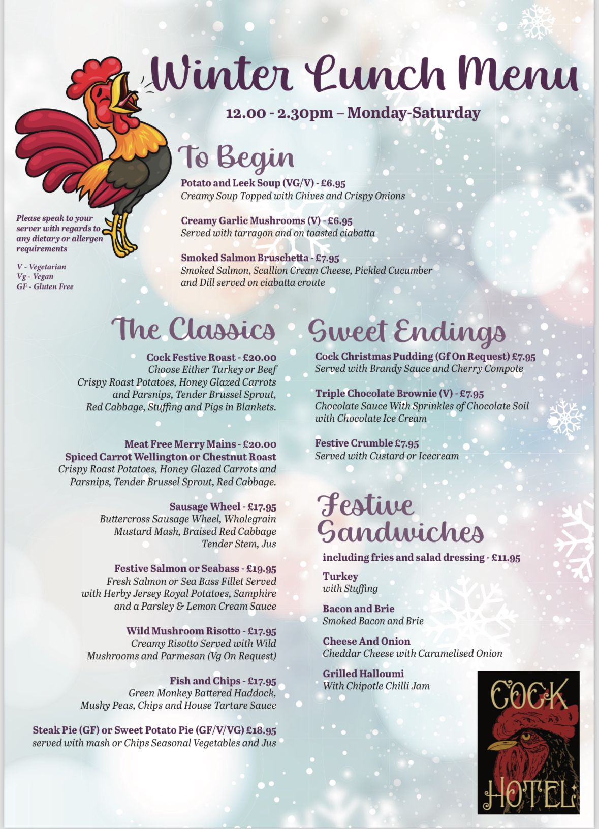 Our Menu – Cock Hotel Wellington – Dining, Events and Family Occasions